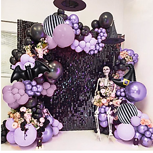 Halloween Balloon Garland Arch Kit, 154pcs Metallic Dusty Macron Purple and Black Balloon with Witch Hat Bat Striped Foil Balloons for Halloween Vampirina Nightmare Prom Horror Themed Party Decoration