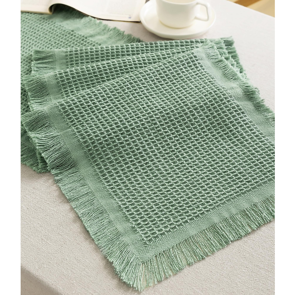 Vitalizart Dusty Green Table Runner 14"x36" Waffle Weave Boho Rustic Fringe Cotton Farmhouse Table Cloth for Home Decor Coffee Table Bedroom Kitchen Dining Bridal Wedding Baby Shower Decoration