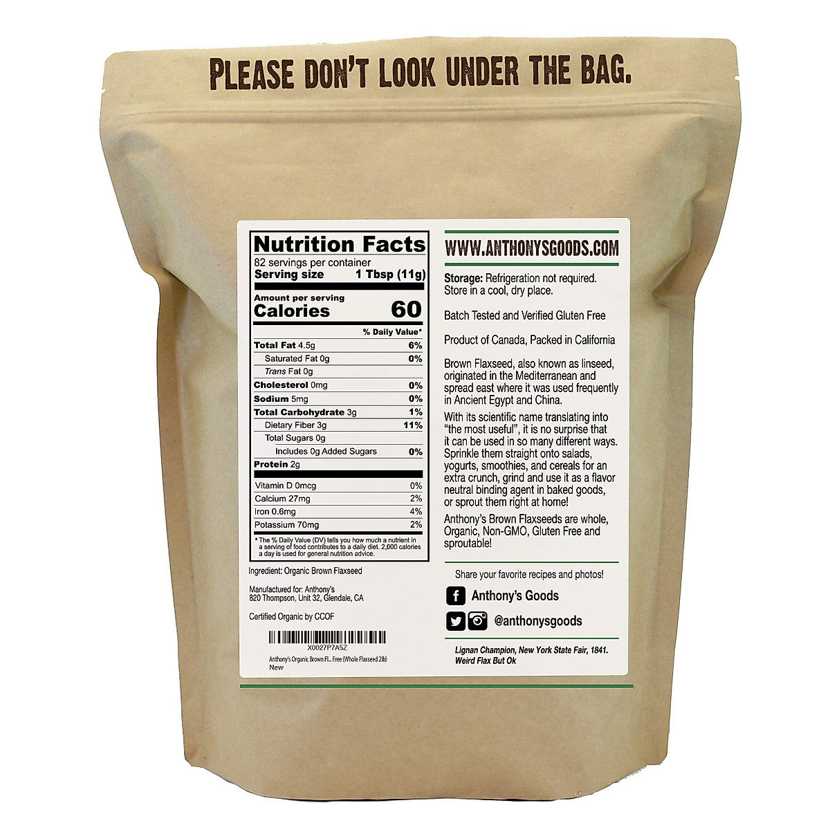 Anthony's Organic Brown Whole Flaxseed, 2 lb, Batch Tested and Gluten Free, Raw, Non GMO, Sproutable, Keto Friendly