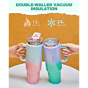 Trebo 40oz Tumbler with Handle and Straw Lid, 2-in-1 Lid,Insulated Stainless Steel Mug Water Bottle with Small Pouch,Reusable Metal Travel Coffee Cup Flask Cup Holder Friendly,Keep Cold Hot, Purple