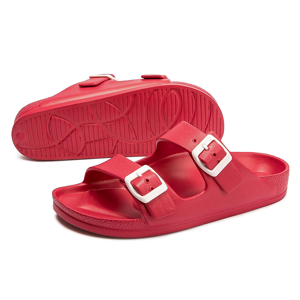 FUNKYMONKEY Women's Comfort Slides Double Buckle Adjustable EVA Flat Sandals (6 M US-Women, Red)