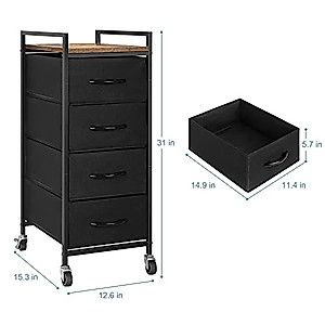Fabric Dresser for Bedroom Vertical Dresser Storage Tower Nightstands Dresser with 4 Drawers Organizer Unit for Hallway Entryway Living Room Closets with Wood Top (Black)