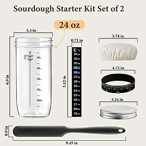 Glass Sourdough Starter Jar 2 Pack, 24 oz Wide Mouth Organic Sourdough Starter Kit with Date Marked Band, Thermometer, Cloth Cover & Metal Lid, Reusable Bread Baking Supplies, Bread Making Accessories