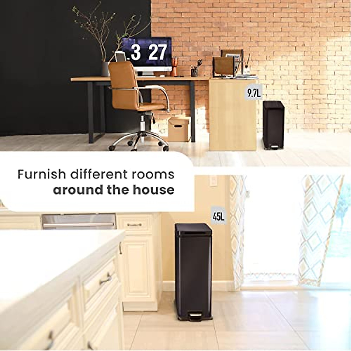 Home Zone Living 12 Gallon and 2.5 Gallon Kitchen Trash Can Combo Value Set, Slim Body Stainless Steel Design, 45 Liter and 9.7 Liter Capacity, Black