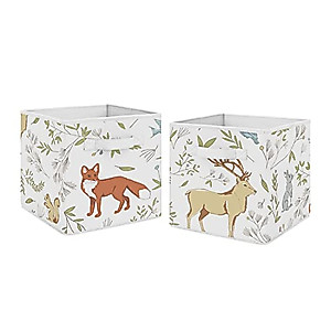 Sweet Jojo Designs Woodland Animal Toile Foldable Fabric Storage Cube Bins Boxes Organizer Toys Kids Baby Childrens for Collection Set of 2