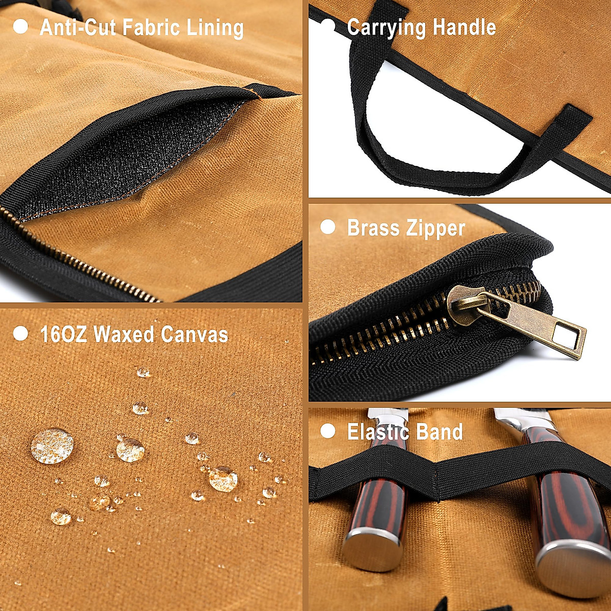 Chef Knife Case, 4 Slots Portable Knife Roll with Handle, Heavy Duty 16oz Waxed Cavas, Knife Holder with Professional Cut-Resistant Fabric Lining, Khaki