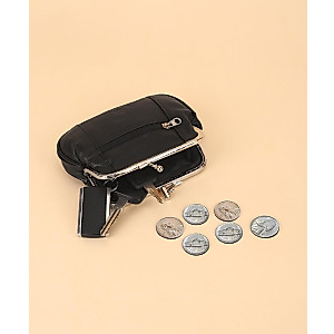 Women's Leather Metal Frame Double Clasp Zipper Coin Purse 5 1/4" x 3 1/4" (Black)
