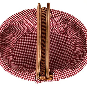 PICNIC TIME - Country Vintage Picnic Basket with Lid - Wicker Picnic Basket for 2, (Red & White Gingham Pattern)