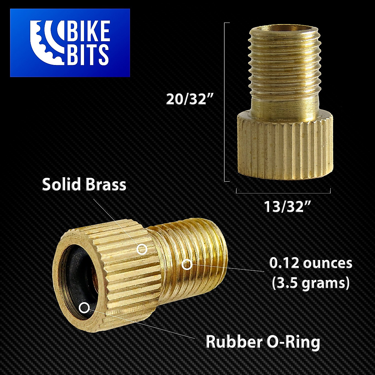 Bike Bits Brass Presta Valve Adapter - Convert Presta to Schrader - Inflate Tire Using Standard Bike Pump or Air Compressor (4 Pack)