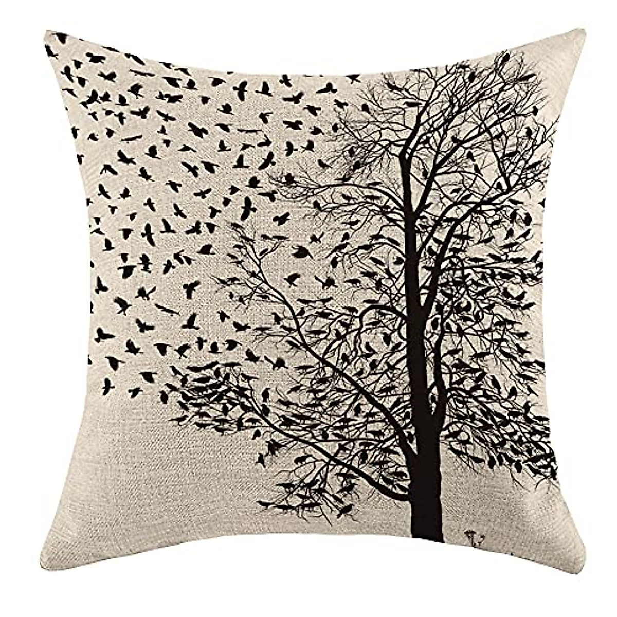 Throw Pillow Cover Decorative Pillowcase Magic Flock Crows Fly Away Tree Animals Wildlife Bird Parks Black Raven Feather Claw Dark Carrion Square Linen Cushion Case 16x16 Inch for Couch Bed Car