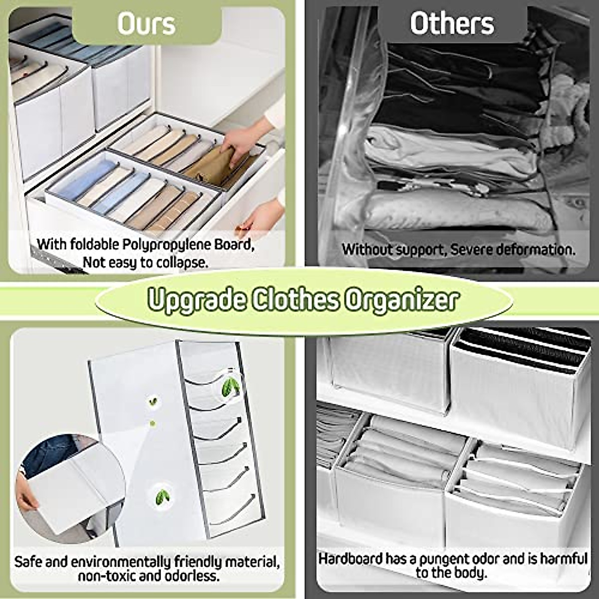 TouYinger Clothes Drawer Organizer, Closet Storage Organizers, Build-in PP Board 7 Grids Clothes Storage Organizers for Leggings, T-shirts, Sock, Ties, Scarves(2 Packs)