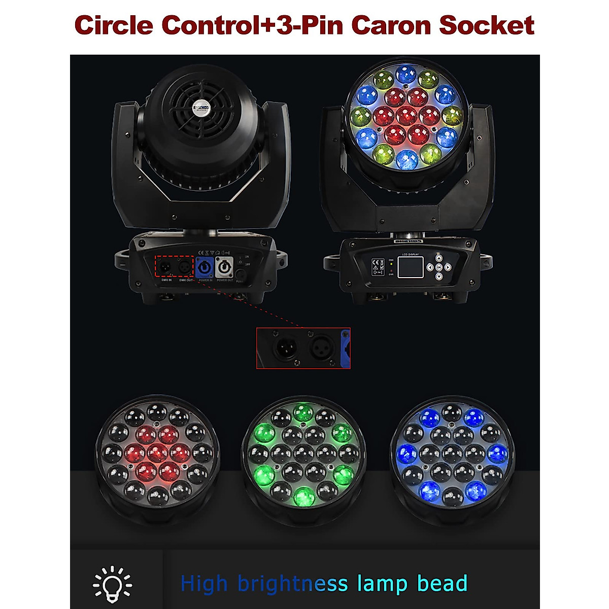 SHEHDS Moving Head Light LED 19x15W RGBW 4in1 Beam/Wash/Zoom Effect Stage Lights Professional DMX512 & Sound Activated Control DJ Lights for Party Wedding Disco and Nightclub - 1 Pack