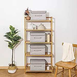 mee'life Foldable Storage Boxes with Lids 2 Pack Linen Fabric Storage Bins with Lids, Closet Organizers and Storage Baskets Cubes for Home Bedroom Closet Office (Grey Stripes, 14.9x9.8x9.8in)