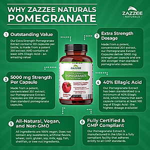 Zazzee Extra Strength Pomegranate 20:1 Extract, 5000 mg Strength, 40% Ellagic Acid, 120 Vegan Capsules, 4 Month Supply, Standardized, Concentrated 20X Extract, 100% Vegetarian, All-Natural and Non-GMO