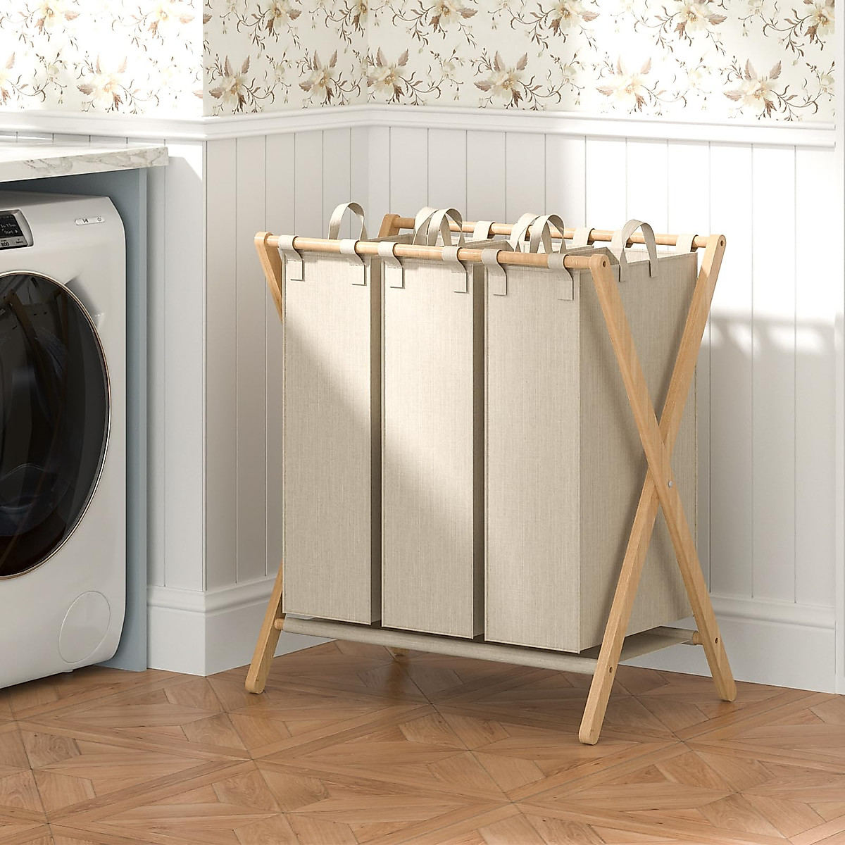 laundry hamper 3 section, Dirty Clothes Hamper with removable bags, Bamboo Laundry Basket,150L Large Laundry Sorter Organization, Foldable X-Frame Laundry Bin for Bedroom, Laundry Room, Bathroom