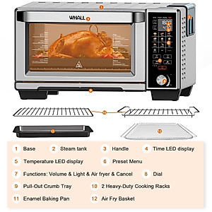 WHALL Toaster Oven Air Fryer, Max XL Large 30-Quart Smart Oven,11 function Toaster Oven Countertop with Steam Function,12-inch Pizza/1700W