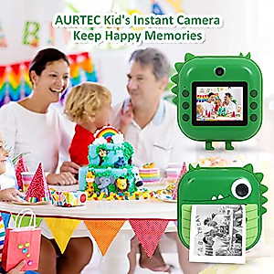 AURTEC Instant Camera for Kids, Mini Thermal Printing Camera, No Ink Required, 48MP Dual Camera,1080P HD Video, 32G TF Card, 3 Print Paper, 2.4 Inch Color Screen, Cute Animal Cartoon Design, Dinosaur