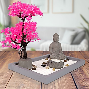 Japanese Zen Garden Lotus Candle Holder - Mini Pink Bonsai Garden with Buddha Statue or Relaxation and Meditation - Perfect Home Desk Decor and Gift Set - Gray, 8.75" x 12.5" x 9"