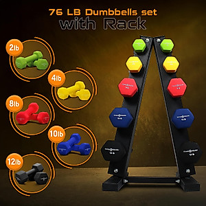 Fitness Republic Solid Steel Dumbbell Rack Holder, A-Frame Dumbbell Storage Racks, dumbbells tower for home gym exercise, Neoprene Dumbbells Pairs (3lb, 5lb, 8lb, 10lb, 12lb) with 5 Tier Rack Combo