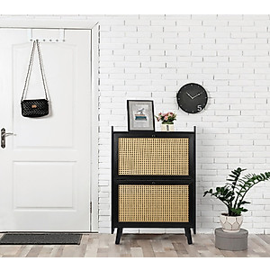 ZYBT Black Shoe Storage Organizer for Entryway, Rattan Shoe Storage Cabinet, 2 Flip Drawers Shoe Organizer Slim Wooden Shoe Rack for Door, Free Standing Shoe Racks for Entryway