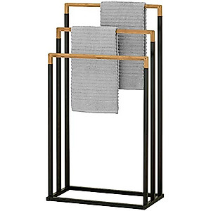 MyGift 33 Inch Black Chrome Plated Metal Freestanding Bathroom Towel Rack Stand with 3 Tier Bamboo Wood Bar, Laundry Room Drying Rack Stand