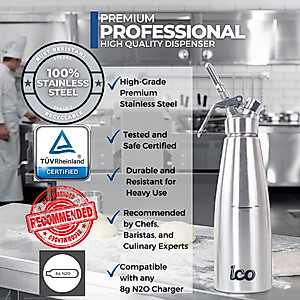ICO 1 Liter (1 Quart) Professional Stainless Steel Whipped Cream Dispenser for Homemade Whipping Cream, Whipped Cream Maker for Desserts, Dips, Sauces, and Infused Liquors