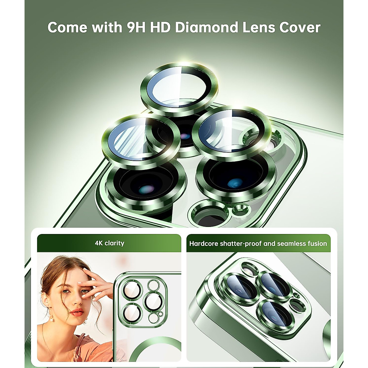 Waldeng for iPhone 13 Pro Max Case with Integrated Camera Lens Protection, [Seamless Work with Magsafe] [Metallic Glossy Soft Bumper], Diamond Clear Stylish Case for iPhone 13 Pro Max, Alpine Green