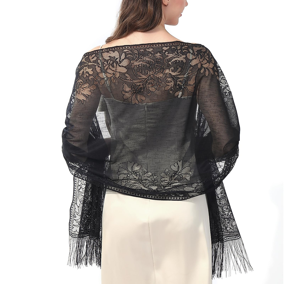 Ladiery Women's Floral Lace Scarf Shawl with Tassels, Soft Mesh Fringe Wraps for Wedding Evening Party Dresses