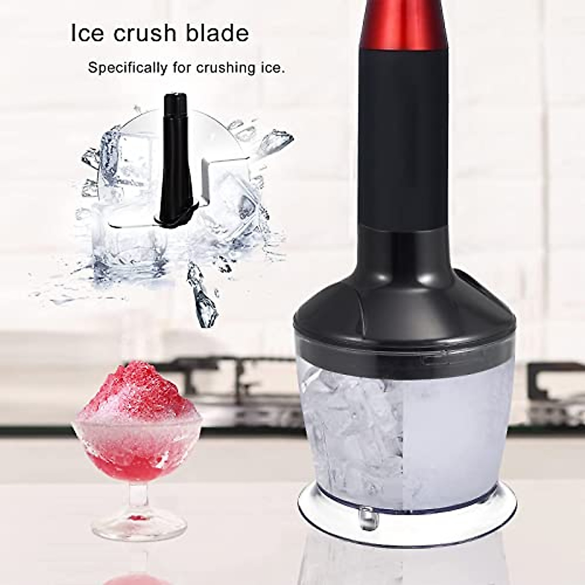 Immersion Hand Blender 5 in 1,Powerful 20 Speed Handheld Stick Blender with 800ml Beaker,500ml Food Chopper,Stainless Steel Whisk and Ice Crush Blade,BPA-Free for Smoothie, Baby Food, Sauces Red,Puree, Soup