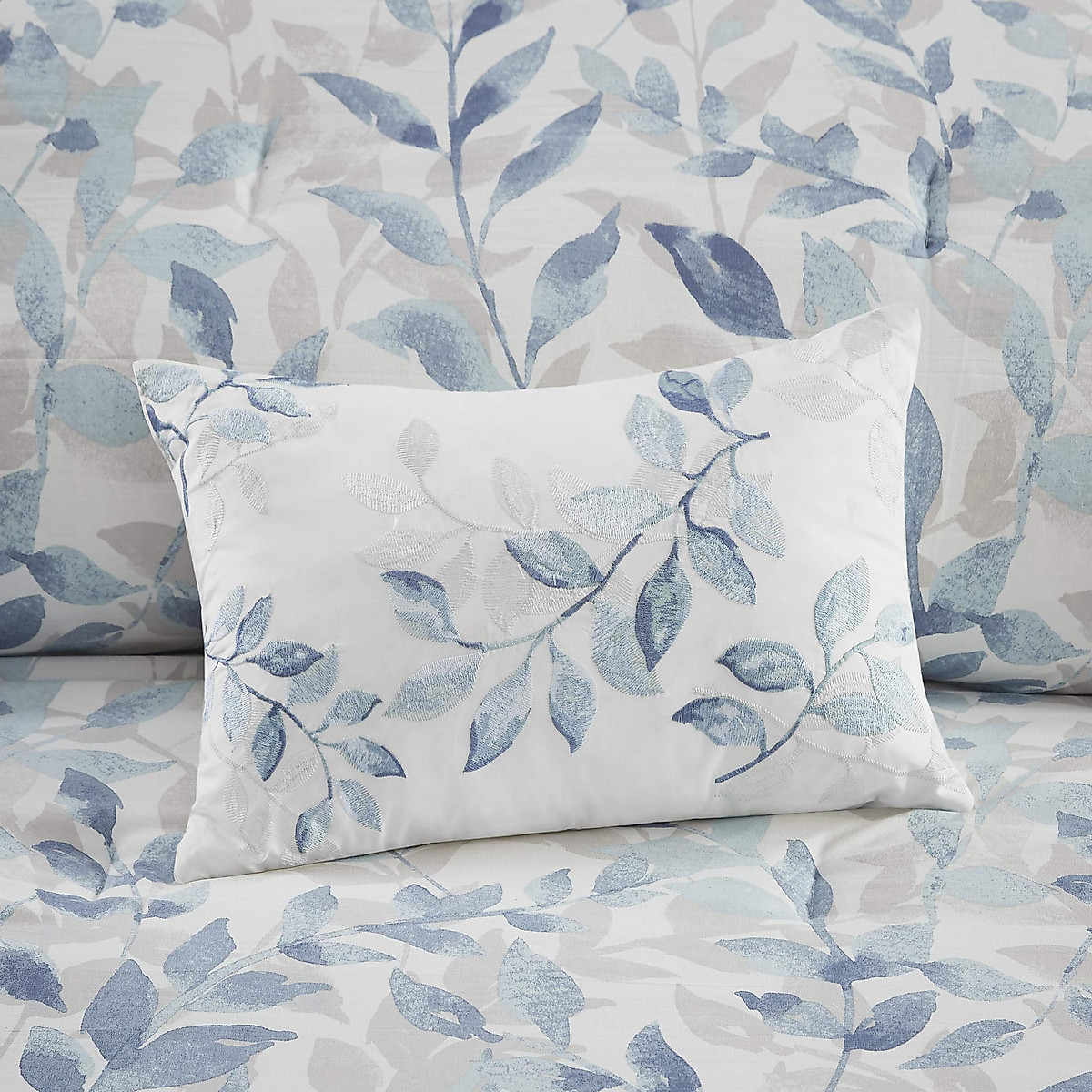 Madison Park Essentials Cozy Bed in a Bag Reversible Comforter with Complete Sheet Set - Modern Botanical Print All Season Cover, Shams, Decorative Pillow, King(104"x92"), Blue 8 Piece