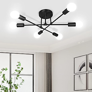 CANMEIJIA Modern Sputnik Chandelier Ceiling Light Fixture with 6 Lights Black Mid Century Ceiling Mount Lights Fixture for Bedroom, Dining Room, Living Room, Kitchen, E26 Base, Bulbs Not Included