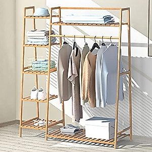 43.5" Bamboo Clothing Garment Rack Free Standing Clothes Coat Hanger Rolling Closet Organizer Shoe Rack Wardrobe Storage Hall Tree Entryway Living Bedroom Office Storage Shelves Clothes Hanging Rack