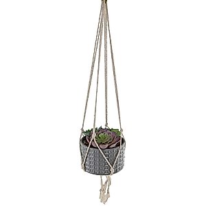 Flora Bunda Mid Century Artificial Plants 4.5" Artificial Succulent Garden Macrame Grey Hanging Ceramic Planter