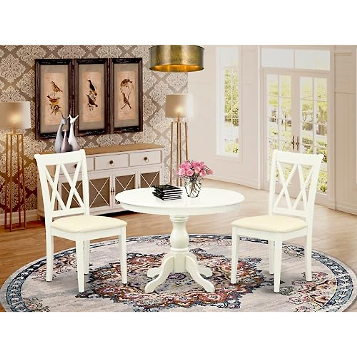 East West Furniture HBCL3-LWH-C 3 Piece Dining Table Set for Small Spaces Contains a Round Dining Room Table with Pedestal and 2 Linen Fabric Upholstered Chairs, 42x42 Inch, Linen White