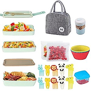 UHAPPYEE Bento box Japanese Lunch Box,Lunch Box Kit 3-In-1 Compartment,Leak-proof Wheat Straw Lunch Container Bento Lunch Box for Adults (Green)