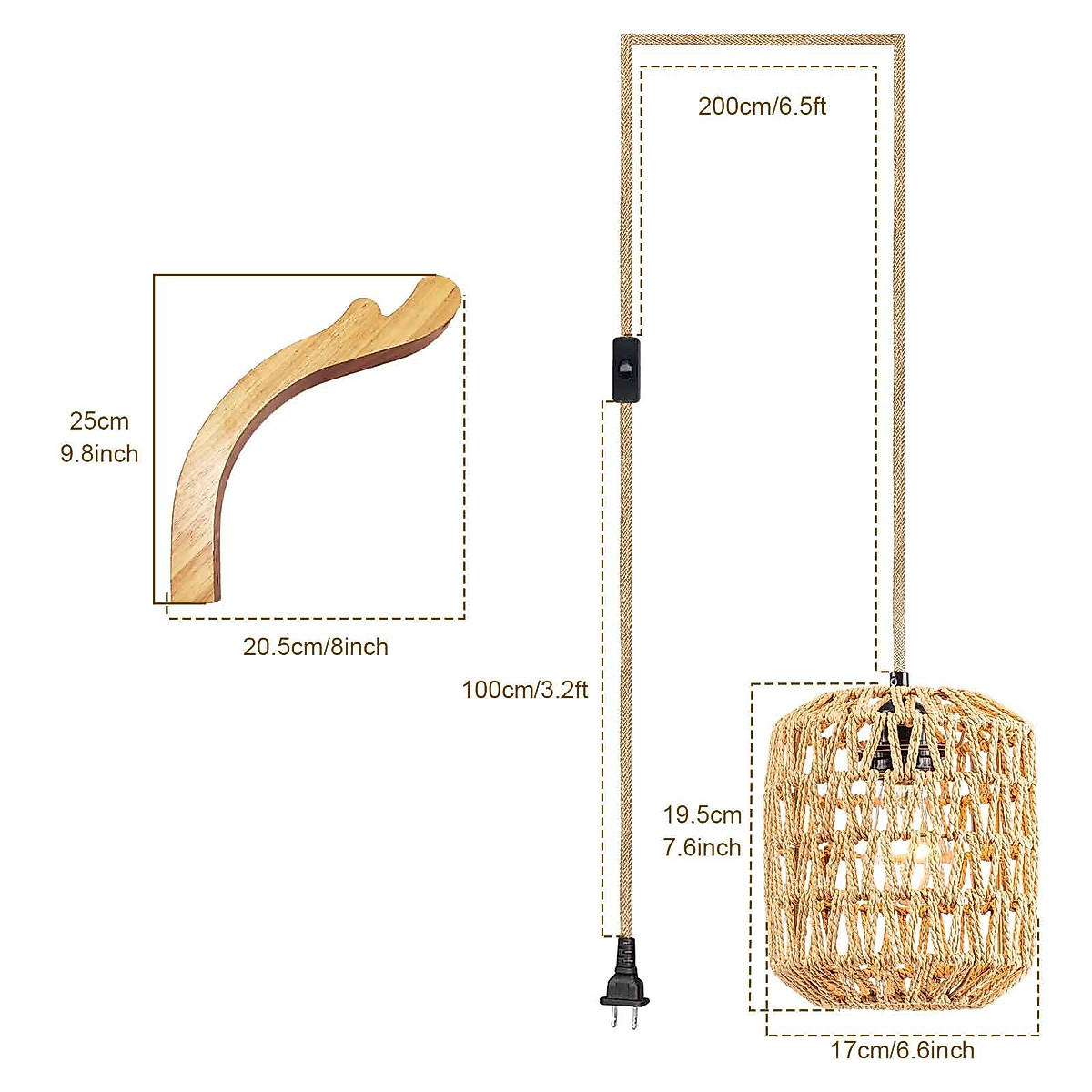 Plug-in Wall Sconces, Hemp Rope Pendant Light, Hand Woven Wall Lamp with Natural Paper String Lampshade, Farmhouse Wall Sconce Wall Mounted Light Boho Hanging Lamp for Bedroom Living Room (2 in1 DIY)