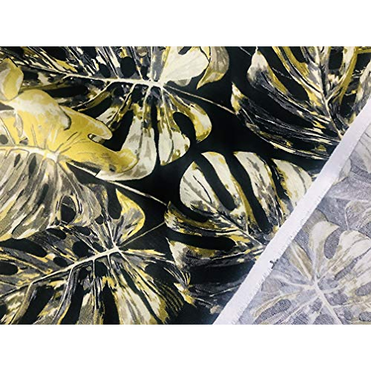 Black & Green Palm Banana Leaf Print Fabric Tropical Leaves Cotton Curtain Material Upholstery - 55 inches Wide (Sold by The Yard)