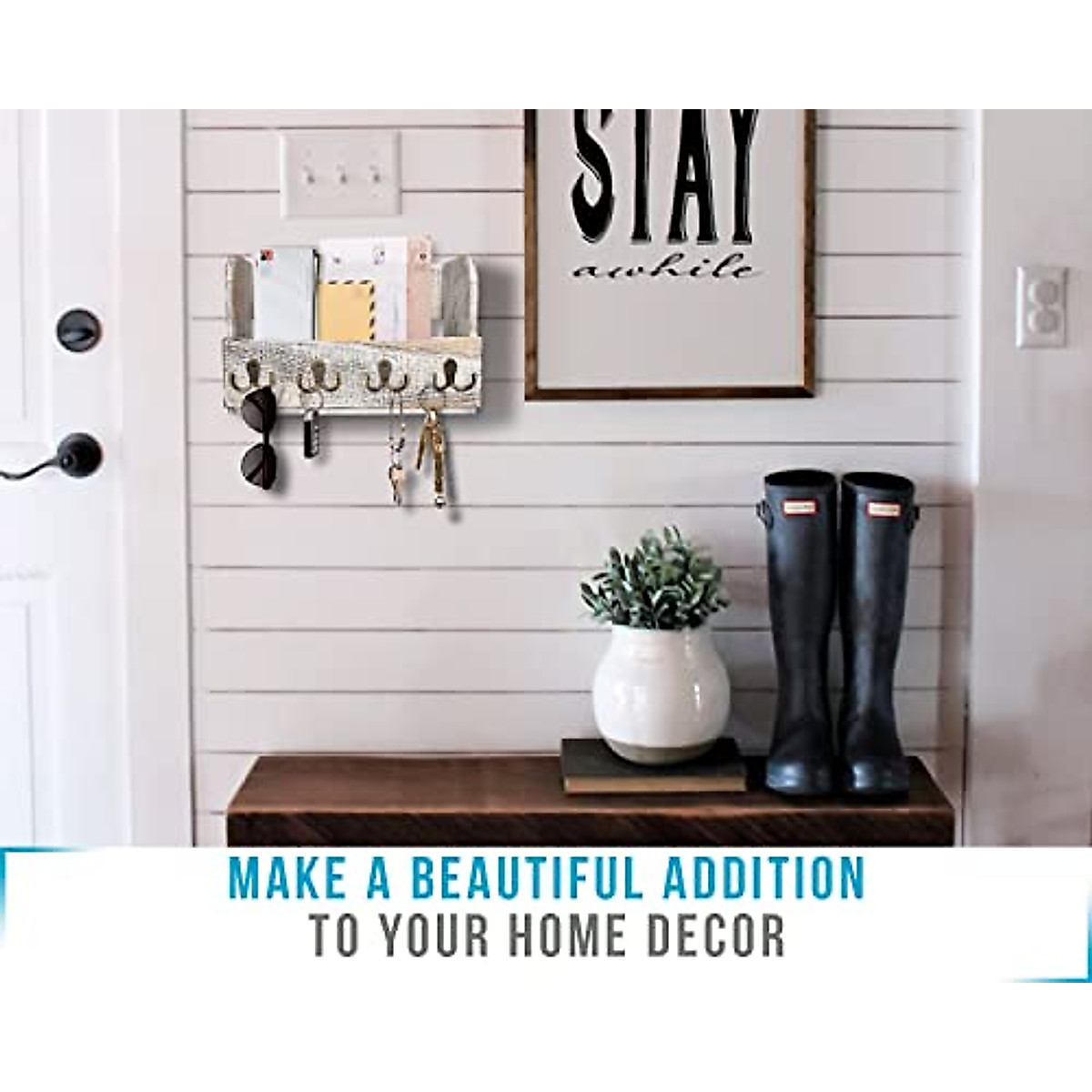 Comfify Wooden Wall Mount Mail Holder Organizer – Rustic Key Holder Organizer for Wall – Magazine Holder with 4 Double Key Hooks – Distressed White Rustic Wall Décor for Entryway