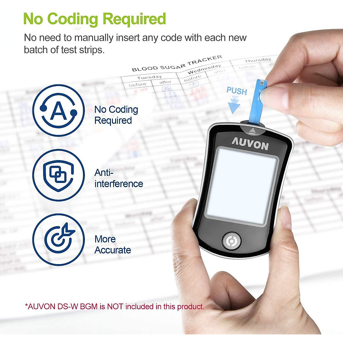 AUVON DS-W Draw-in Blood Glucose Test Strips for use with AUVON DS-W Diabetes Sugar Testing Meter (No Coding Required, 150 Count)