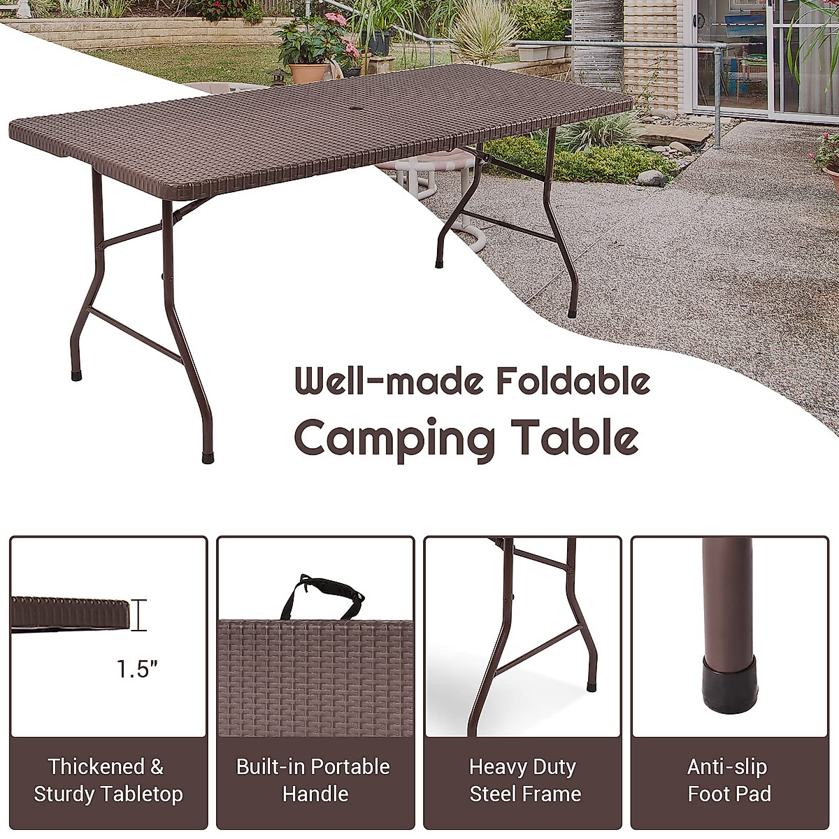 GYMAX 6FT Folding Table, Portable Lightweight Camping Table with Carry Handle, Easy Fold Up Rectangle Indoor/Outdoor Collapsible Table for Camp, Picnic, BBQ, Patio (Rattan Tabletop with Umbrella Hole)