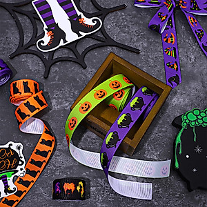 AnyDesign 6 Rolls Halloween Grosgrain Ribbon Hocus Pocus Gift Wrapping Ribbon Witch Legs Hats Pumpkins Magic Pot Black Cat Pattern Ribbon for Crafts Gift Wrapping Halloween Party Decor, 7/8 Inch