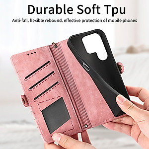 Asuwish Phone Case for Samsung Galaxy S22 Ultra 5G Wallet Cover with Tempered Glass Screen Protector and Flip Zipper Card Holder Stand Cell Accessories S22ultra 22S S 22 S22ultra5g 6.8 Women Men Pink