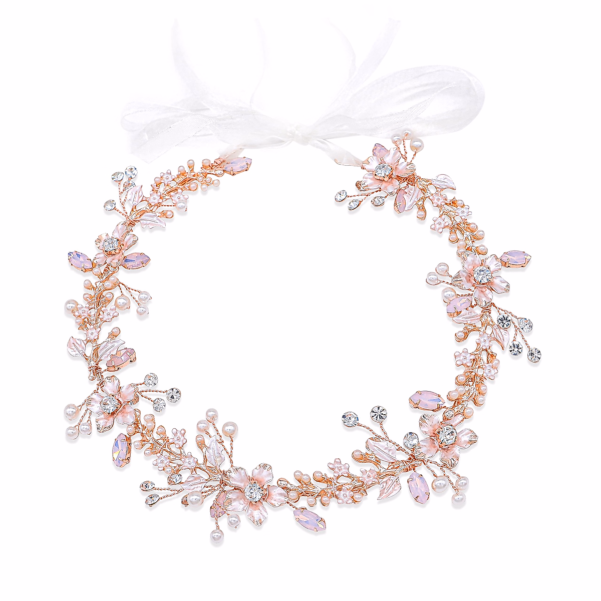 Ammei Headpiece Rose Gold Wedding Headband Flower Leaves Design Hair Vine With Pearls And Rhinestones