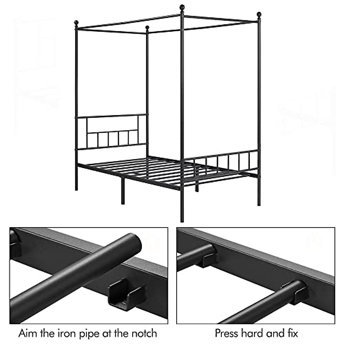 Yaheetech Metal Canopy Platform Bed Frame Four-Poster Canopied Bed Mattress Foundation with Headboard and Footboard Sturdy Slatted Structure No Box Spring Needed Easy Assembly Twin Black