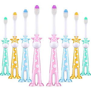 8 Pieces Kids Toothbrush Cartoon Children Toothbrush Deer Design Toothbrush Extra Soft Toothbrush with Suction Cup for Boys and Girls 2 to 8 Years Old, 4 Colors
