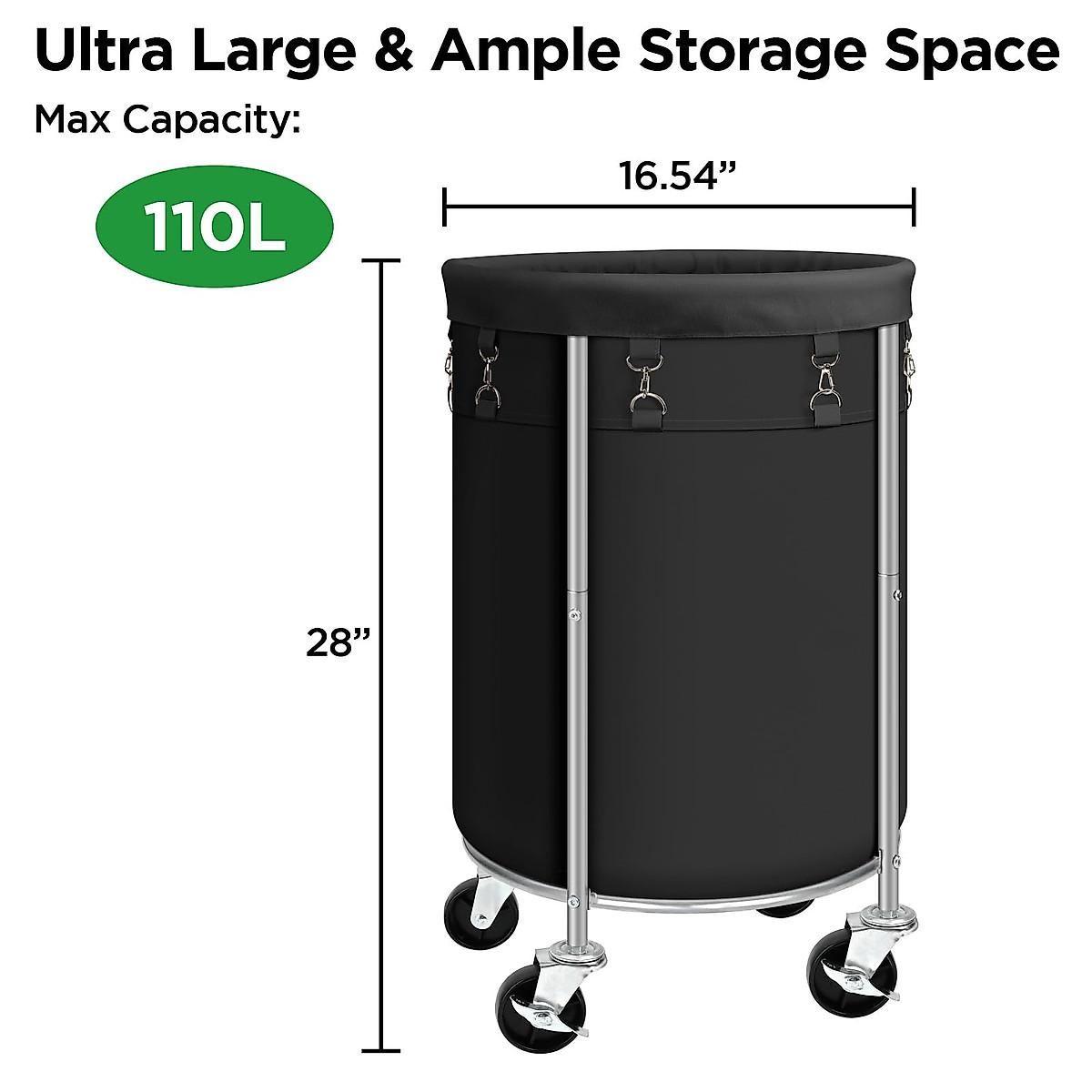 Laundry Hamper with Wheels, Rolling Laundry Basket, Round Laundry Sorter Cart with Steel Frame and Removable Bag, 4 Casters and 2 Brakes, Ideal for Bedroom, Bathroom, Laundry Room, Black