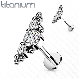 Dynamique Implant Grade Titanium Threadless Push In Labret, Flat Back Stud With 3 CZ And Ball Clusters Top for Cartilage, Lip, Nose (Sold Per Piece)
