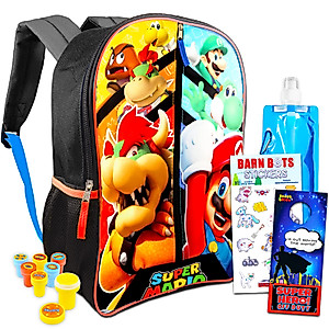Super Mario Backpack for Kids - 16" Mario and Luigi Backpack Bundle with Over 300 Mario Stickers, Superhero Stampers, and More (Super Mario Backpack for Boys)