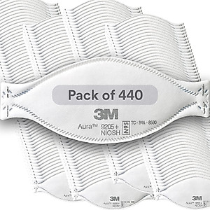 3M Aura Particulate Respirator 9205+, N95, Pack of 440 Disposable Respirators, Individually Wrapped, 3 Panel Flat Fold Design Allows for Facial Movements, Comfortable, NIOSH Approved