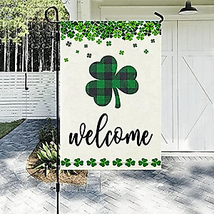 St Patricks Day Shamrock Garden Flag,Green Plaid Four Leaf Clover Printed Flag Garden and Home Decorations 12.5x18Inches (Garden Flag-Green Clover)